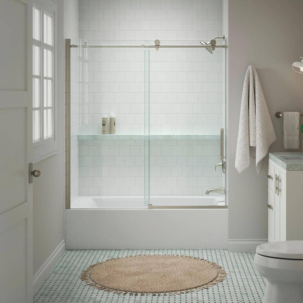 KOHLER Cursiva 56-60 in. W x 62 in. H Sliding Frameless Bath Tub Door in Anodized Brushed Nickel ...