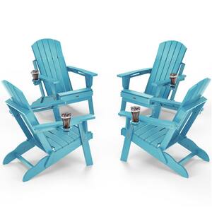 Mximu Blue HDPE Outdoor Folding Plastic Adirondack Chair with Cupholder ...