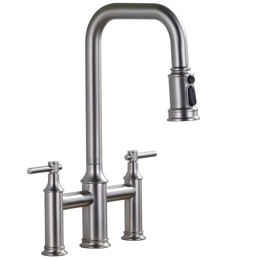 WOWOW Double Handle Bridge Kitchen Faucet with Advanced Spray in ...