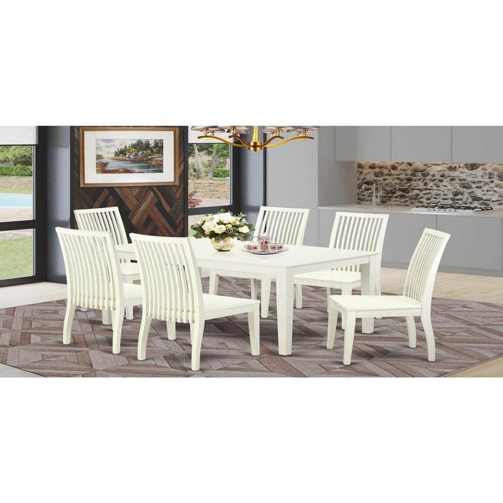 East West Furniture 7-Piece Linen White Finish Solid Wood Top Dining ...