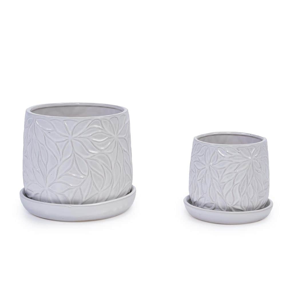 5 in. and 7 in. Gloss White Garden Ceramic with Tray and Drainage Hole ...