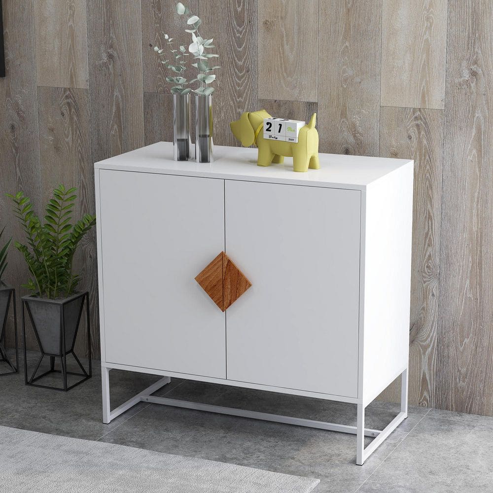 Otryad Solid Wood Square Shape Handle 2-Doors Sideboard in White QSKB ...