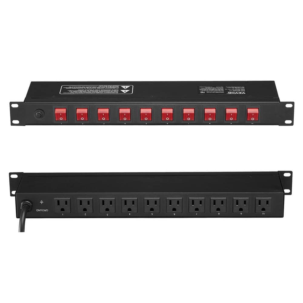 VEVOR 1U PDU 10 Outlets Rack Mount Power Strip Fits Standard with Independent Switch Surge ...