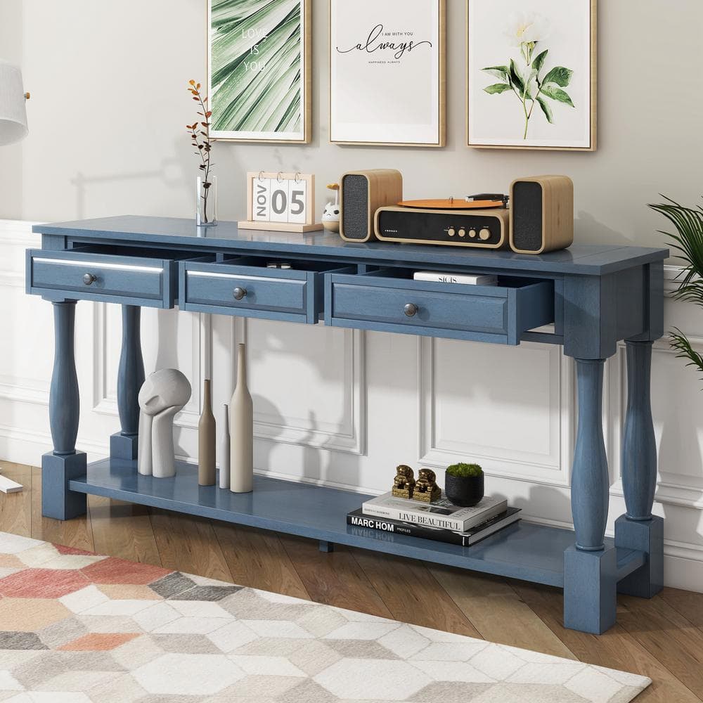 Harper & Bright Designs 63 in. Navy Blue Rectangle Wood Top Console ...