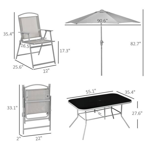 Gray 8 Piece Metal Outdoor Dining Set with Table Umbrella 6 Folding Chairs and Rectangle Dining Table Set for Patio