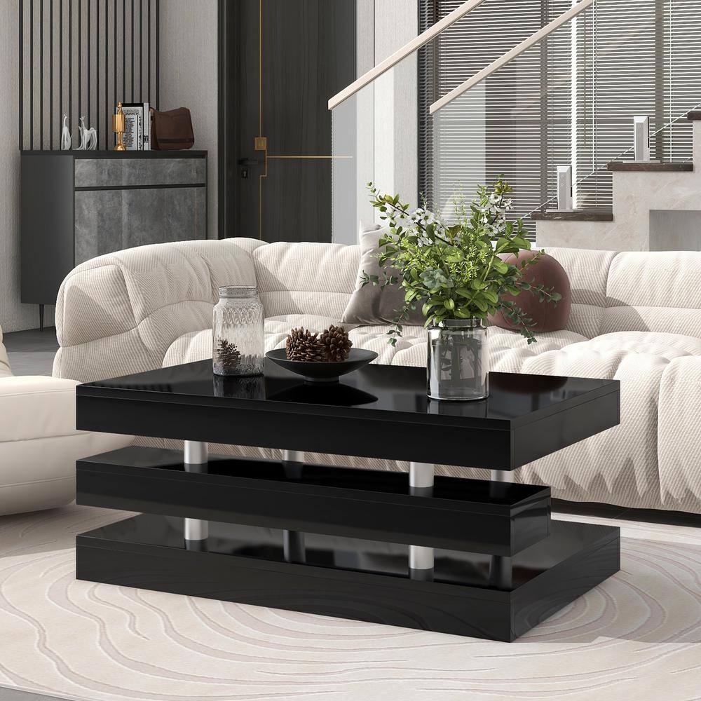 Zeus & Ruta Black Modern 2-Tier Coffee Table Rectangle Cocktail Table ...