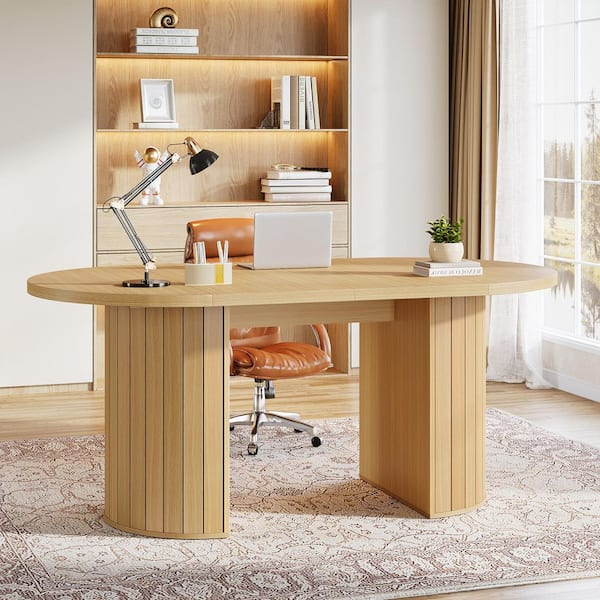 BYBLIGHT Capen 63 in. Oak Rectangle Wood Executive Desk, Modern ...