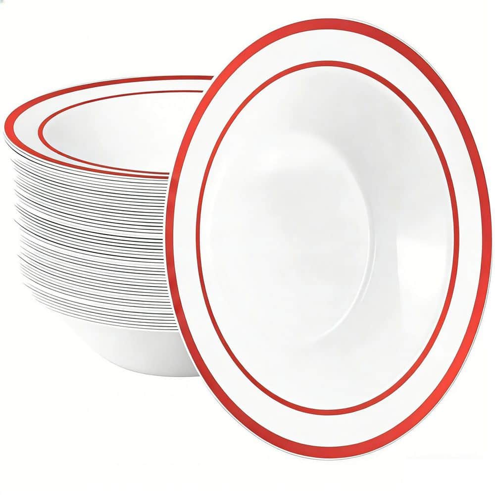 Wudkey 50-Pack 12 fl. oz. Plastic Bowls with Red Rim, Disposable Soup ...
