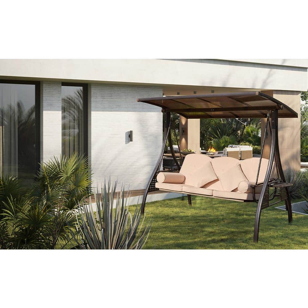 Zeus & Ruta 3-Seat Black Steel Patio Freestanding Porch Swing Bench ...