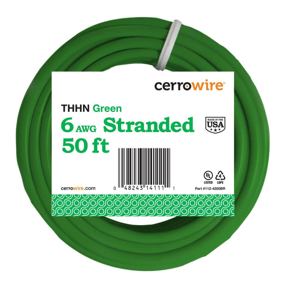 Cerrowire 50 ft. 6 Gauge Green Stranded Copper THHN Wire 112-4205BR ...