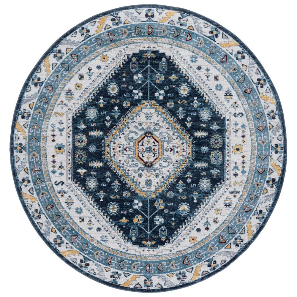 SAFAVIEH Bayside 7 ft. x 7 ft. Navy/Blue Traditional Medallion Round ...