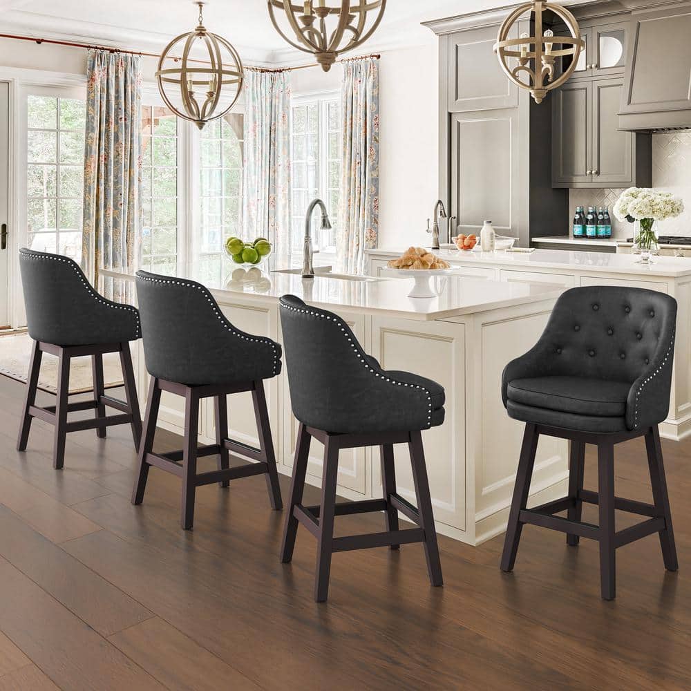 OrangeOne 26 in. Black Faux Leather Swivel Barstool Solid Wood Frame ...