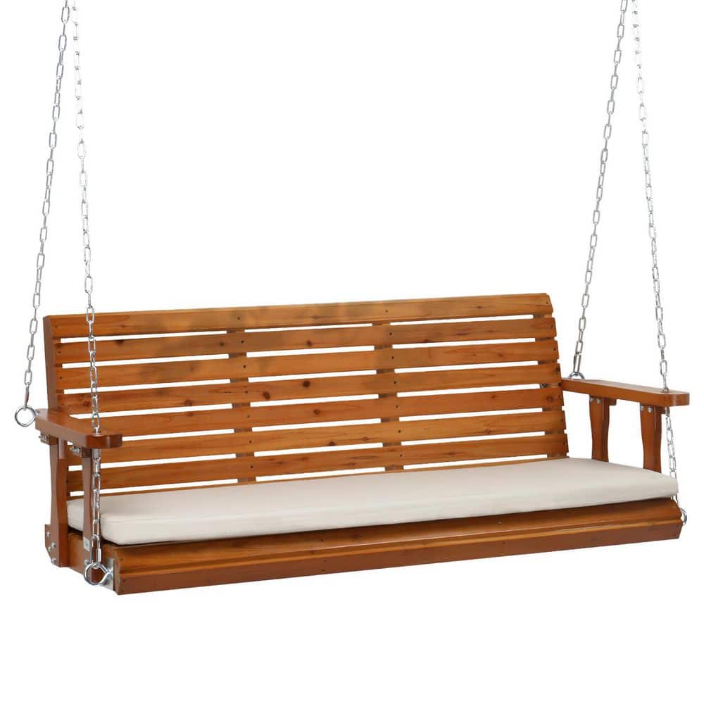 Karl home 60 in. 3-Person Brown Wood Hanging Porch Swing with Cushion ...
