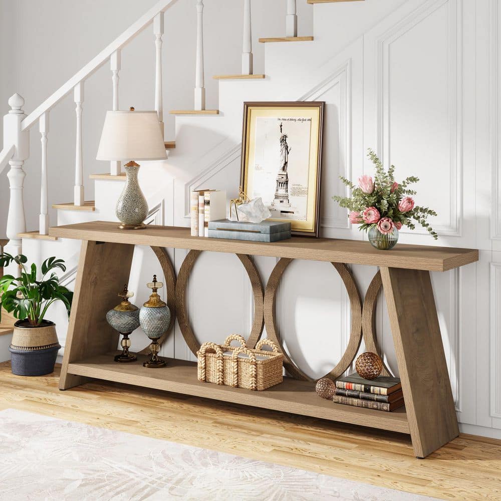 BYBLIGHT 70.9 in. Oak Brown Rectangle Wood Console Table, Long Sofa ...