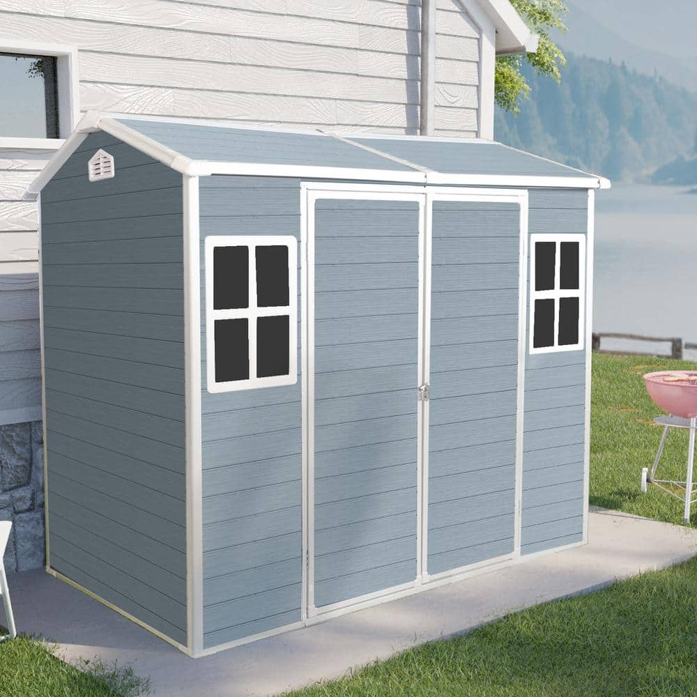 Grey 4 ft. W x 8 ft. D Outdoor Resin Storage Shed with Windows, Double ...