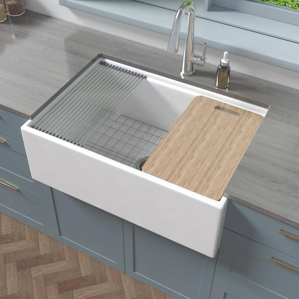 HOMLYLINK Workstation Kitchen Sink 30 in. White Porcelain Farmhouse ...