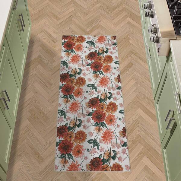 Laura Ashley Dahlias Floral Chenille Red Ivory 2 ft. x 5 ft. Polyester ...