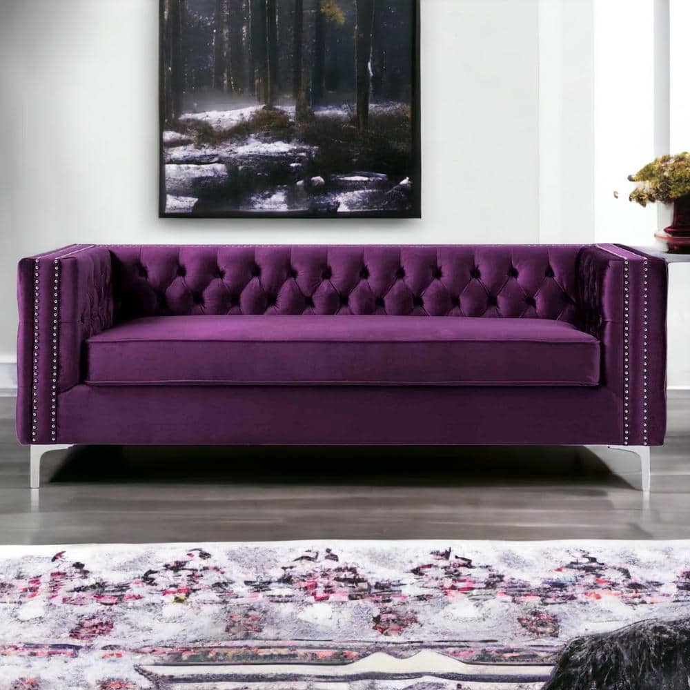 HomeRoots Amelia 84 in. Square Arm Velvet Rectangle Sofa in Purple ...
