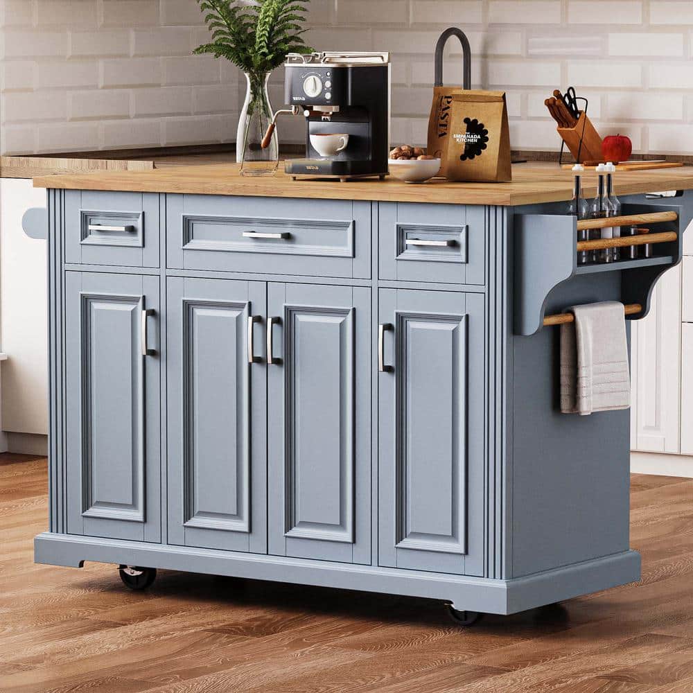 Lycvki Grey Blue Wood 54.1 in. Kitchen Island on Wheels with 4 Doors ...