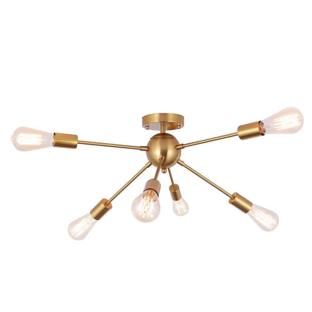 ZJVAIVE 24.6 in. 6-Light Gold Metal Semi-Flush Mount Light Sputnik ...