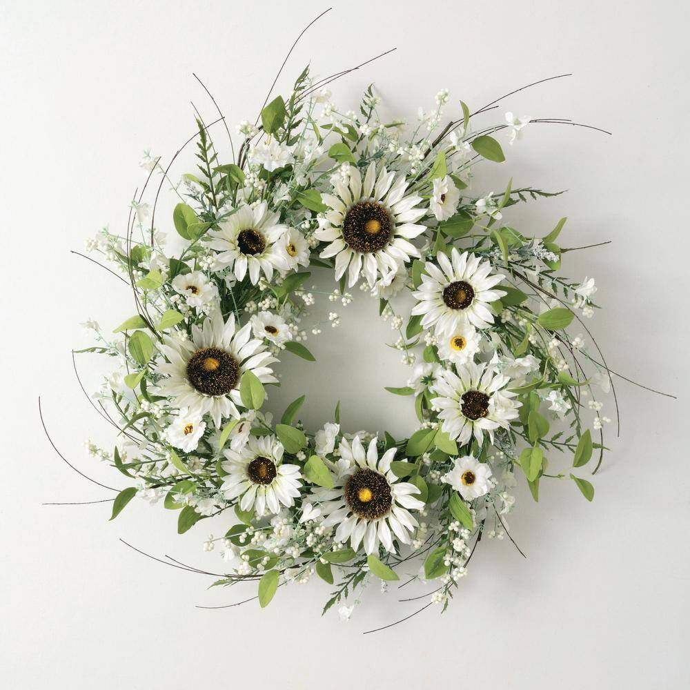 SULLIVANS 26 in. Artificial Sunflower and Wispy Berry Wreath, White ...