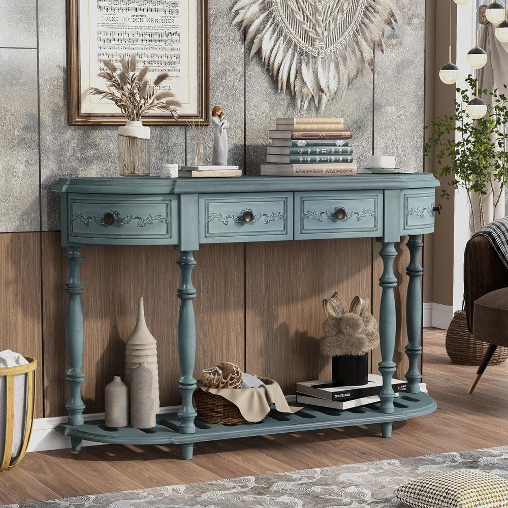 URTR 52 in.Antique Blue Curved Console Table Sofa Table Entryway Table ...