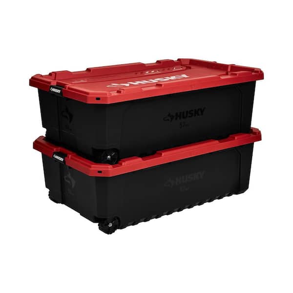 Husky 57 Gal. Pro Grip Storage Tote with Wheels in Black with Red Lid ...