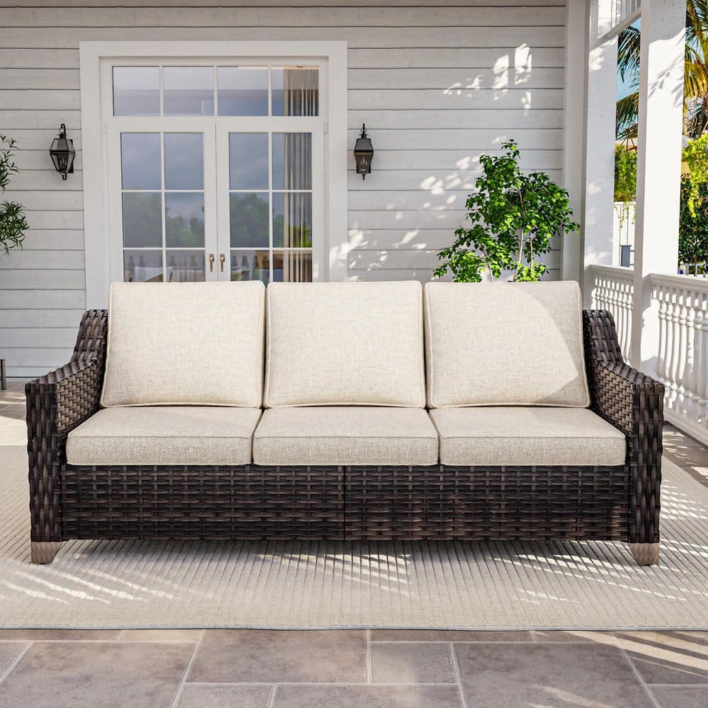 PremDwell Brown Wicker Outdoor Sofa Patio Couch with Plush Beige ...