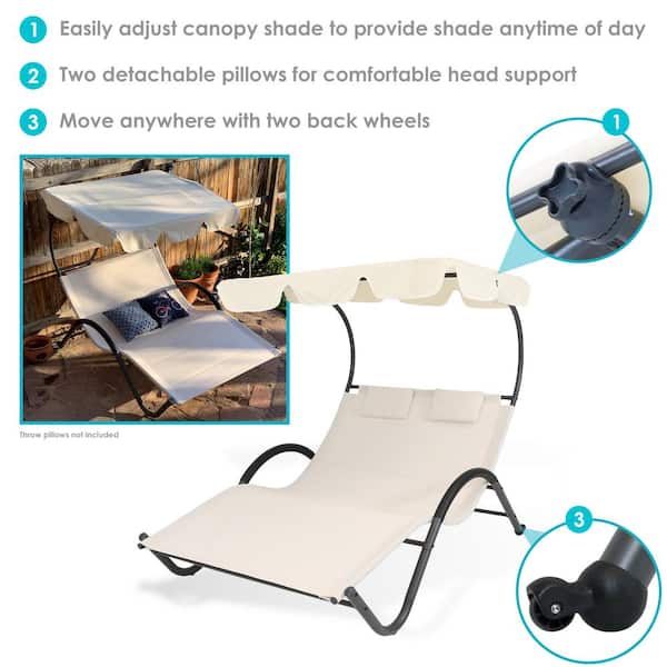 Sunnydaze Decor Outdoor Double Chaise Lounge with Canopy Shade and Headrest Pillows Beige