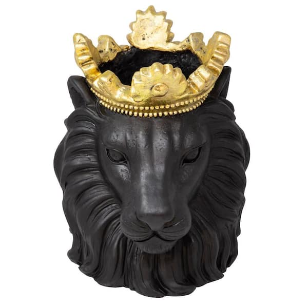 Liv & Skye 7 in. x 9 in. Black Resin Lion with Crown Decorative Pot ...