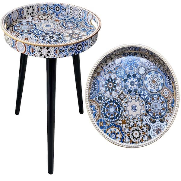 17.7 Inch Round Side Table with Tray Top, Detachable Wooden Legs ...