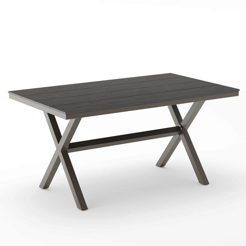 LUE BONA 59 in. Dark Gray Rectangular Metal Outdoor Dining Table with X ...