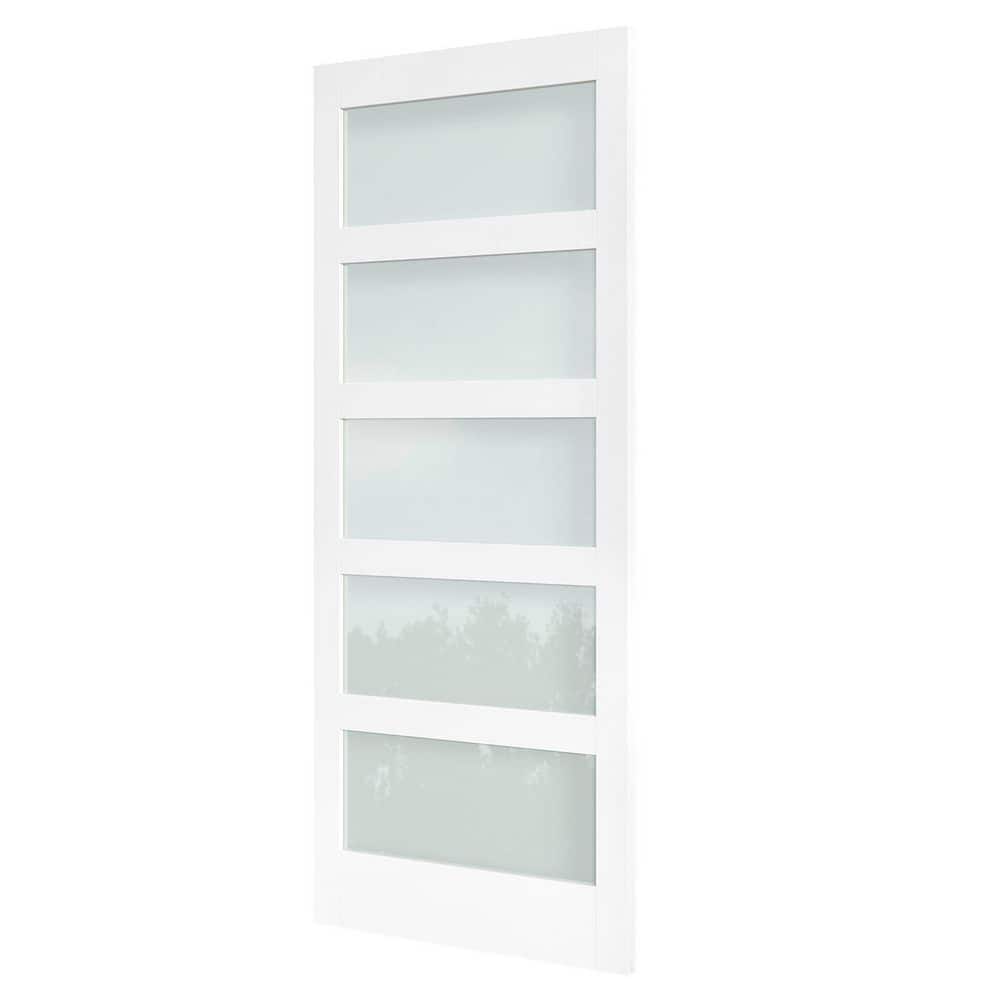 Fredbeck 36 in. x 84 in. 5-Lite Frosted Glass White MDF Assembly ...