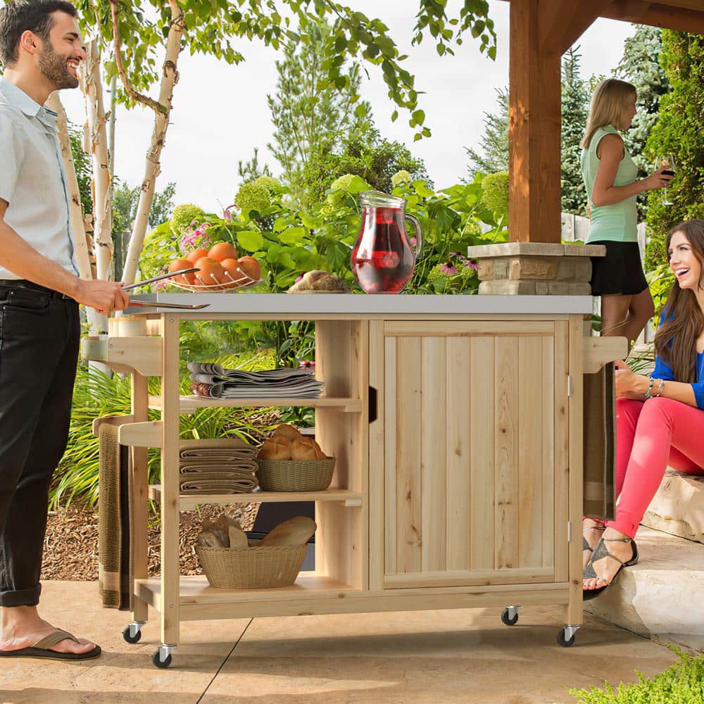 DEXTRUS Solid Wood Outdoor Barbeque Cart Serving Bar with Wheels ...
