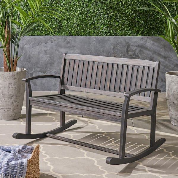 2-Person Dark Gray Acacia Wood Outdoor Rocking Chair with Armrests W ...