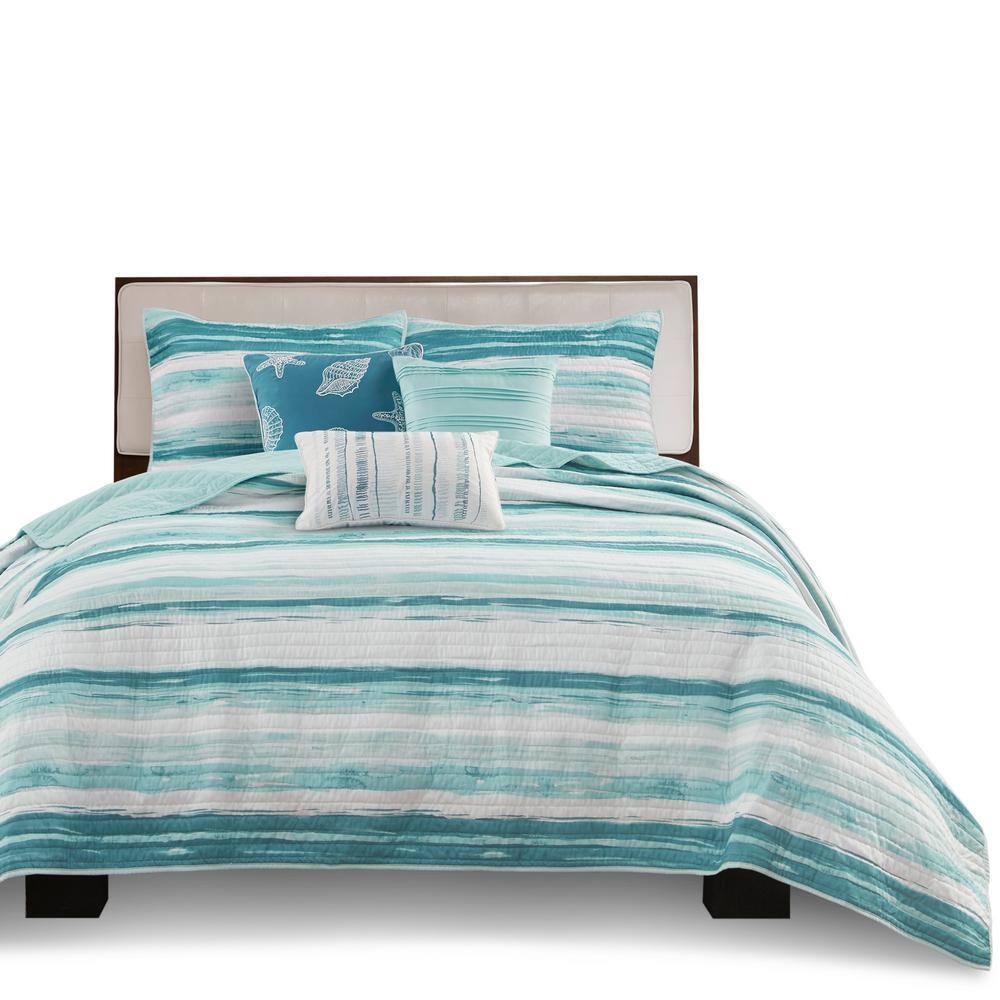 Madison Park Anchorage 6 Piece Aqua Microfiber Full Queen Quilt Set