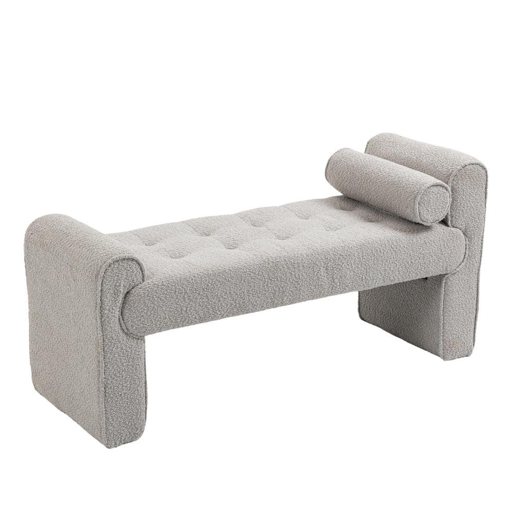 HOMEFUN Modern Light Gray Boucle Upholstered Bedroom Bench with Pillows ...