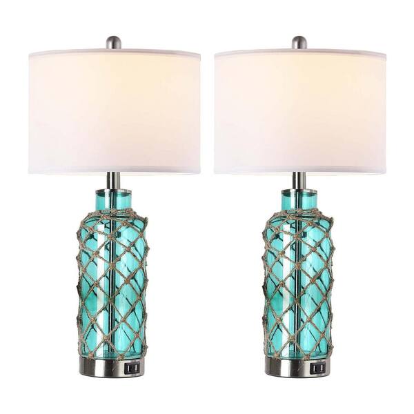 Miscool Avex 25 in. Coastal Blue Base Dimmable Table Lamps Set with USB ...