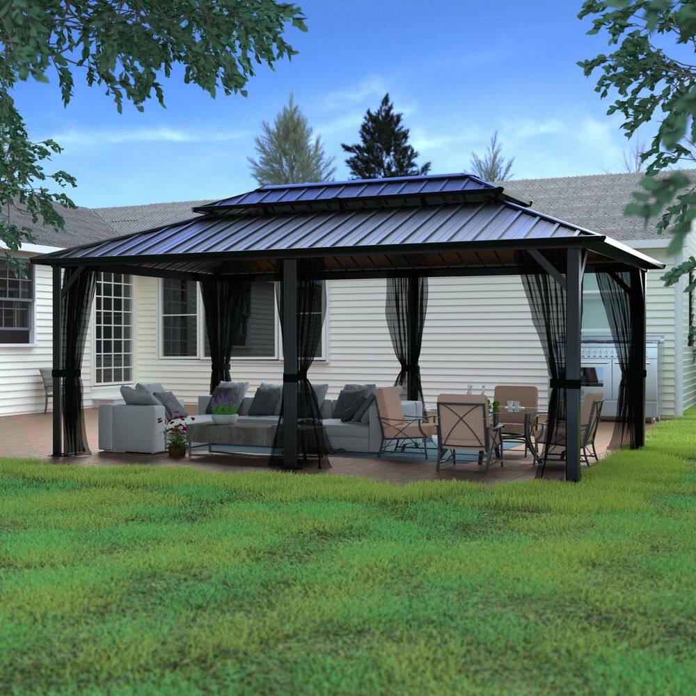 VEIKOUS 20 ft. x 12 ft. Aluminum Double Hardtop Gazebo with Netting ...