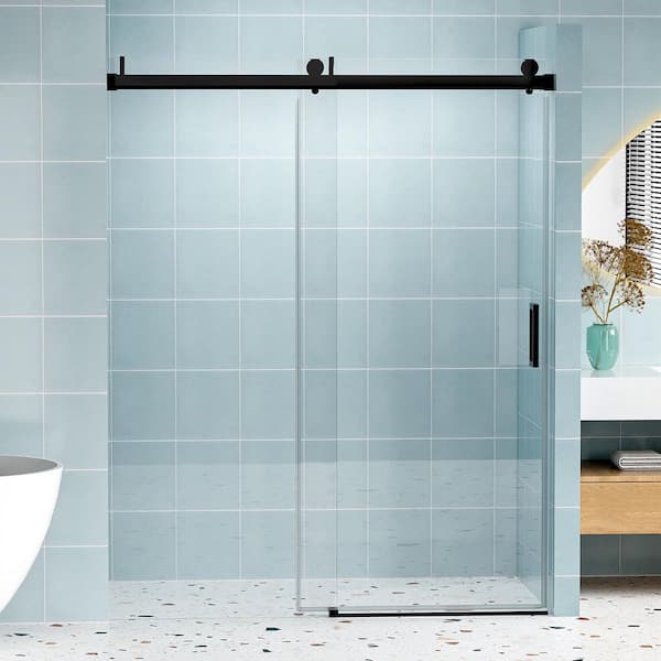48 in. W x 76 in. H Sliding Sliding Semi-Frameless Shower Door in Matte Black Finish with Clear ...