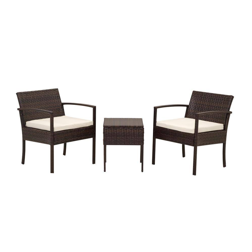 JUSKYS Cute 3-Piece Brown Wicker Patio Conversation Set with Beige ...