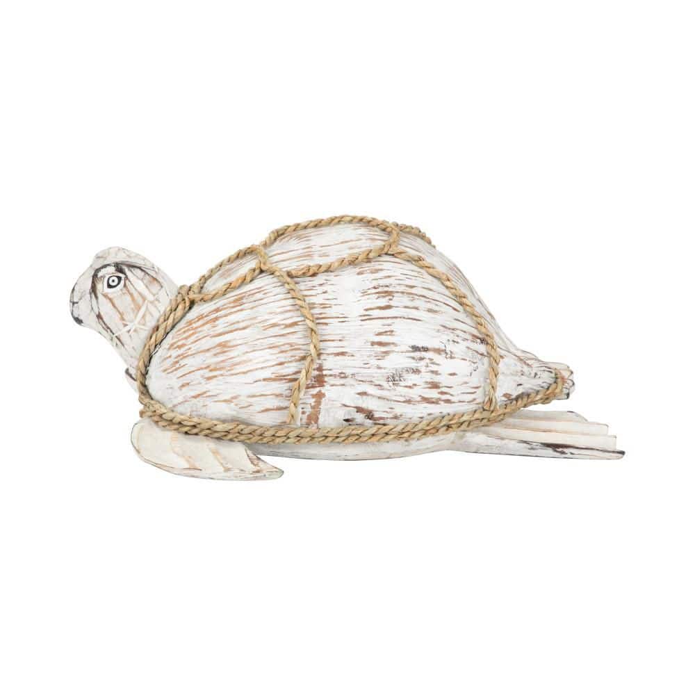 Liv & Skye White 13 in. x 4 in. Wood and Coconut Coastal Rope Turtle ...