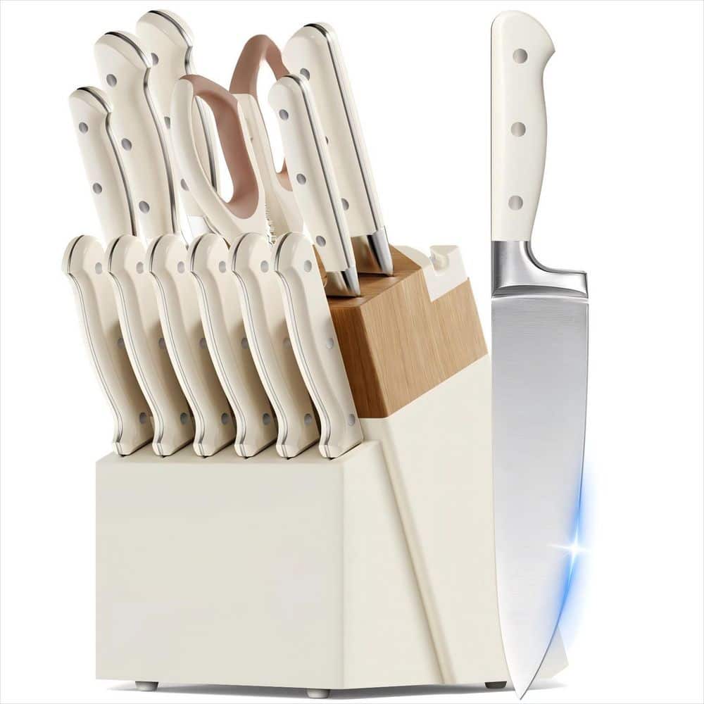 Wudkey 14-Piece Stainless Steel Kitchen Knife Set with Block and Anti ...