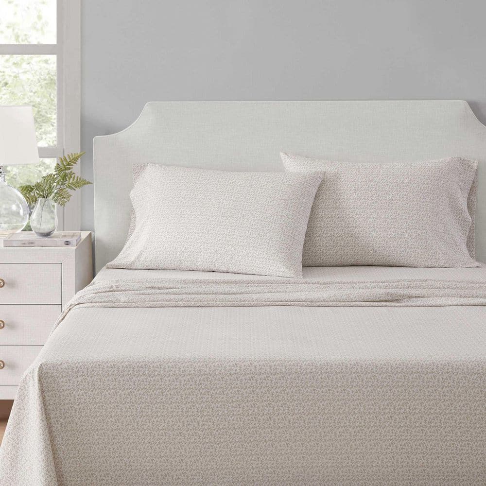 MARTHA STEWART MS Leaves 4-Piece White/Alder Percale Cotton Full Sheet ...