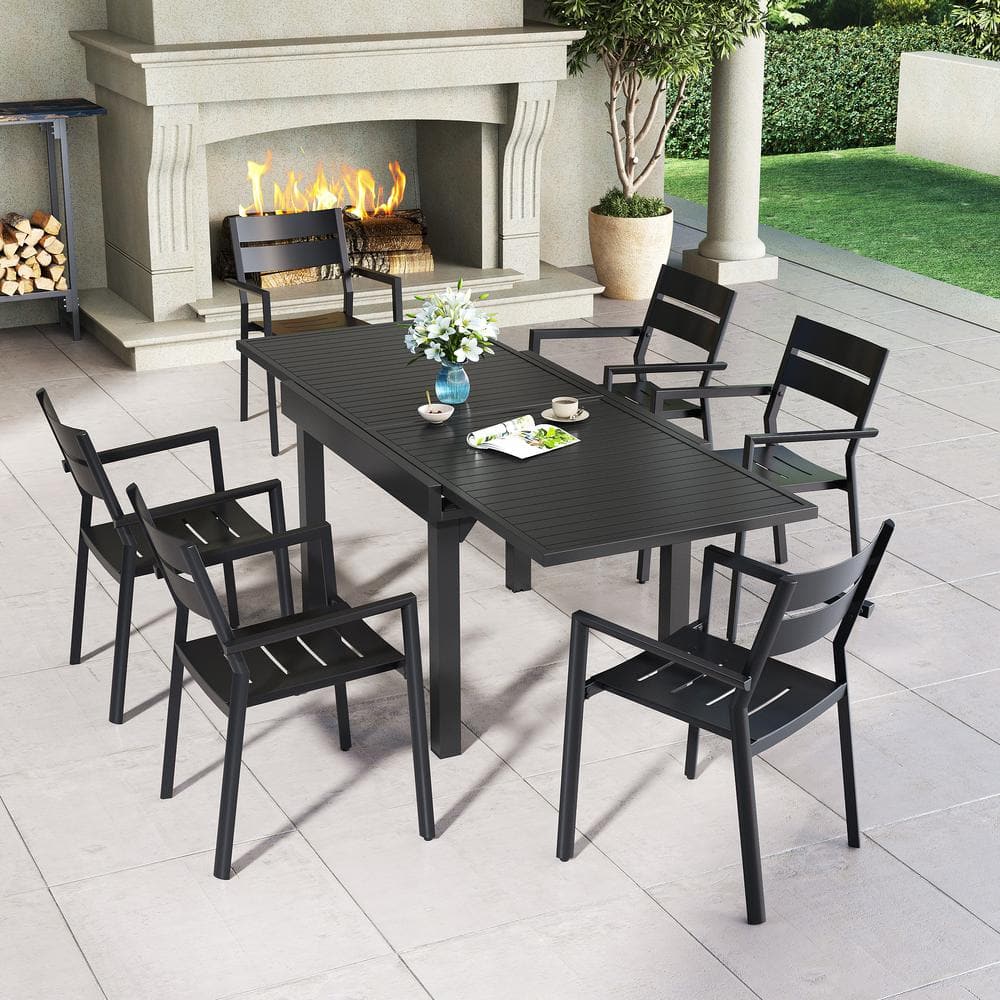 Pellebant Black 7-Piece Metal Rectangle Extendable Outdoor Dining Set with Expandable Table and ...