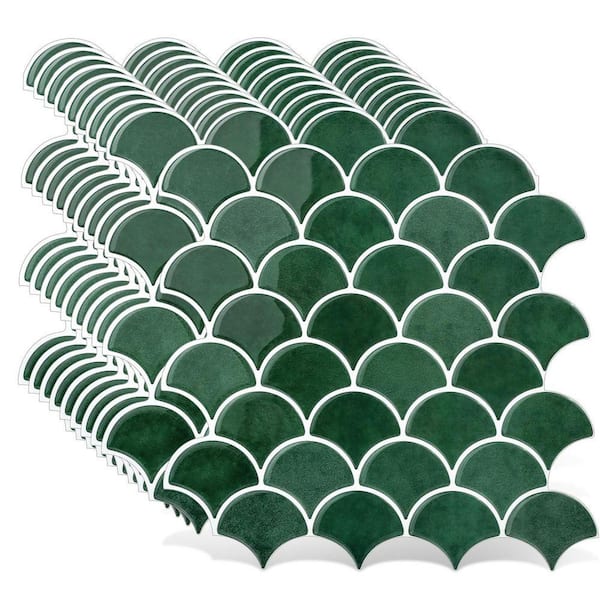 Green Fish Scale Fan Shape Self-Adhesive Peel and Stick Backsplash Tile ...