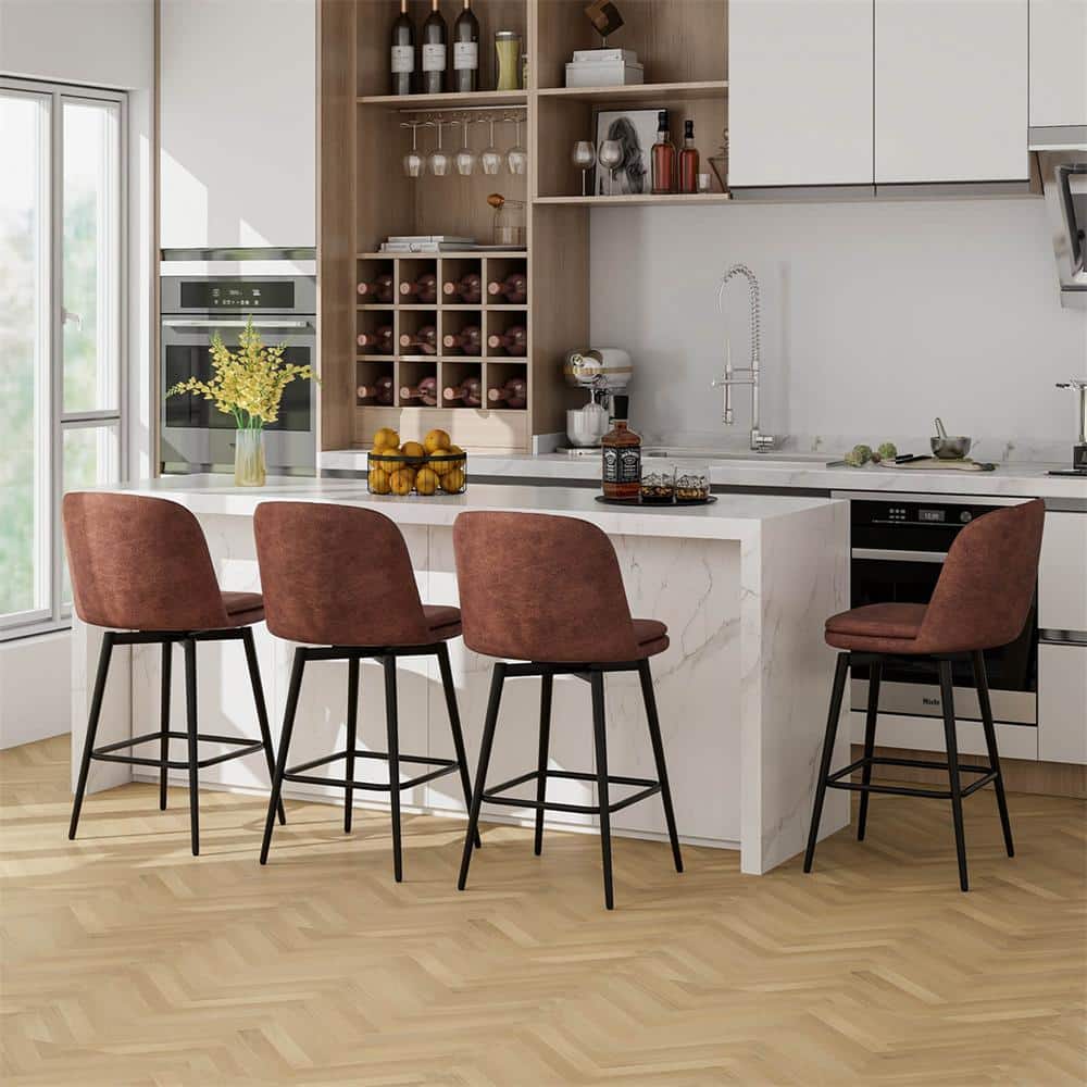 Costway 27 in. Brown Metal Swivel Bar Stool with Padded Seat and ...
