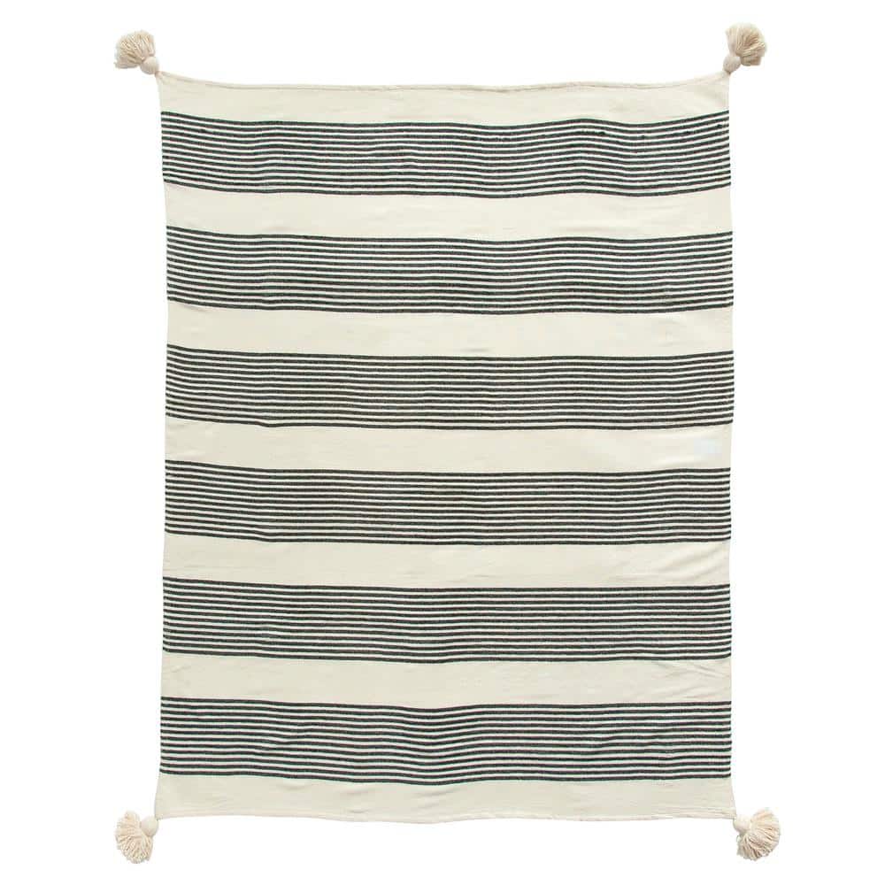 Storied Home Cream Cotton and Chenille Woven Throw with Black Stripes ...