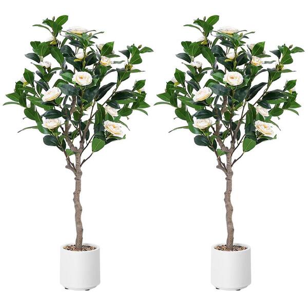 2-Pack 4 ft. Artificial Camellia Tree in White Planter-Faux Plant with ...