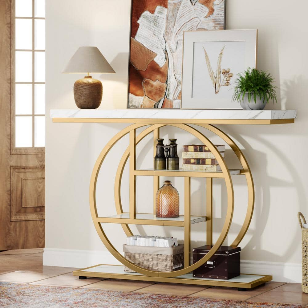 BYBLIGHT Turrella 41.3 in. White Gold Rectangle Wood Console Table ...